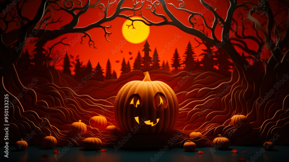 Papercraft pumpkins glowing under a sinister red moon in a night of ...