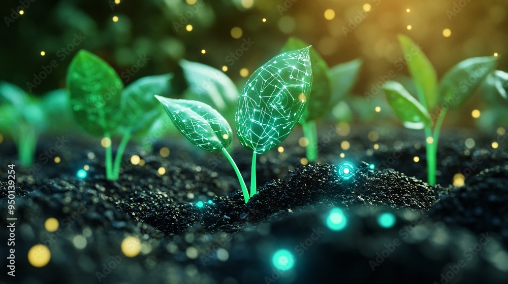 Futuristic style plants sprouting from smart soil, with embedded ...