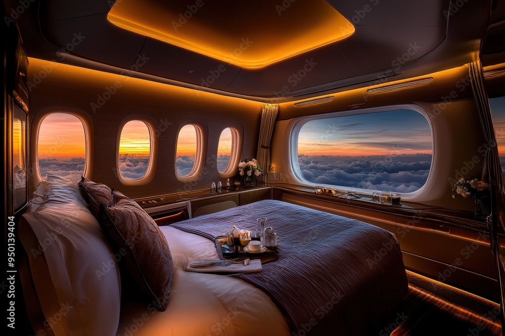 The image features a luxurious airline suite, complete with a bed and ...