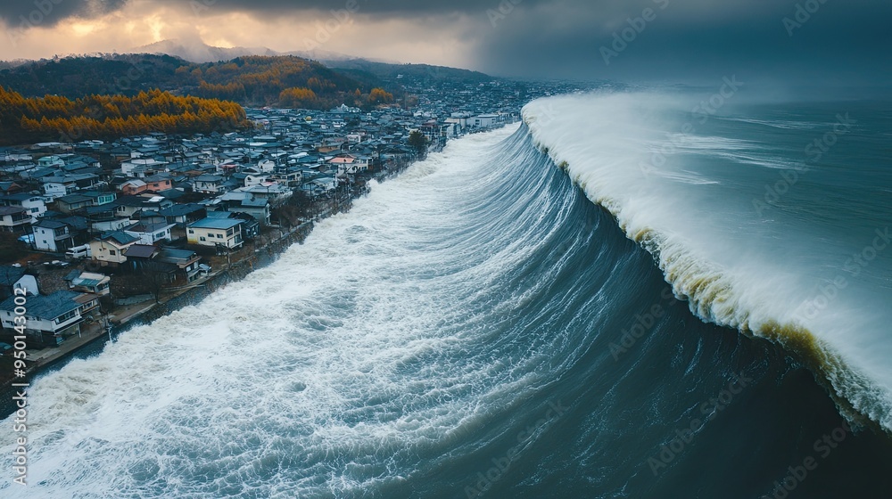 A powerful tsunami wave crashing ashore, engulfing coastal towns and ...