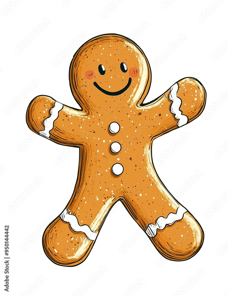 Cartoon-style gingerbread man cookie with a happy facial expression and ...