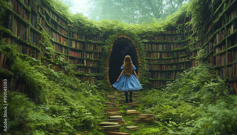 Generate a detailed, realistic scene of a girl dressed as Alice in ...