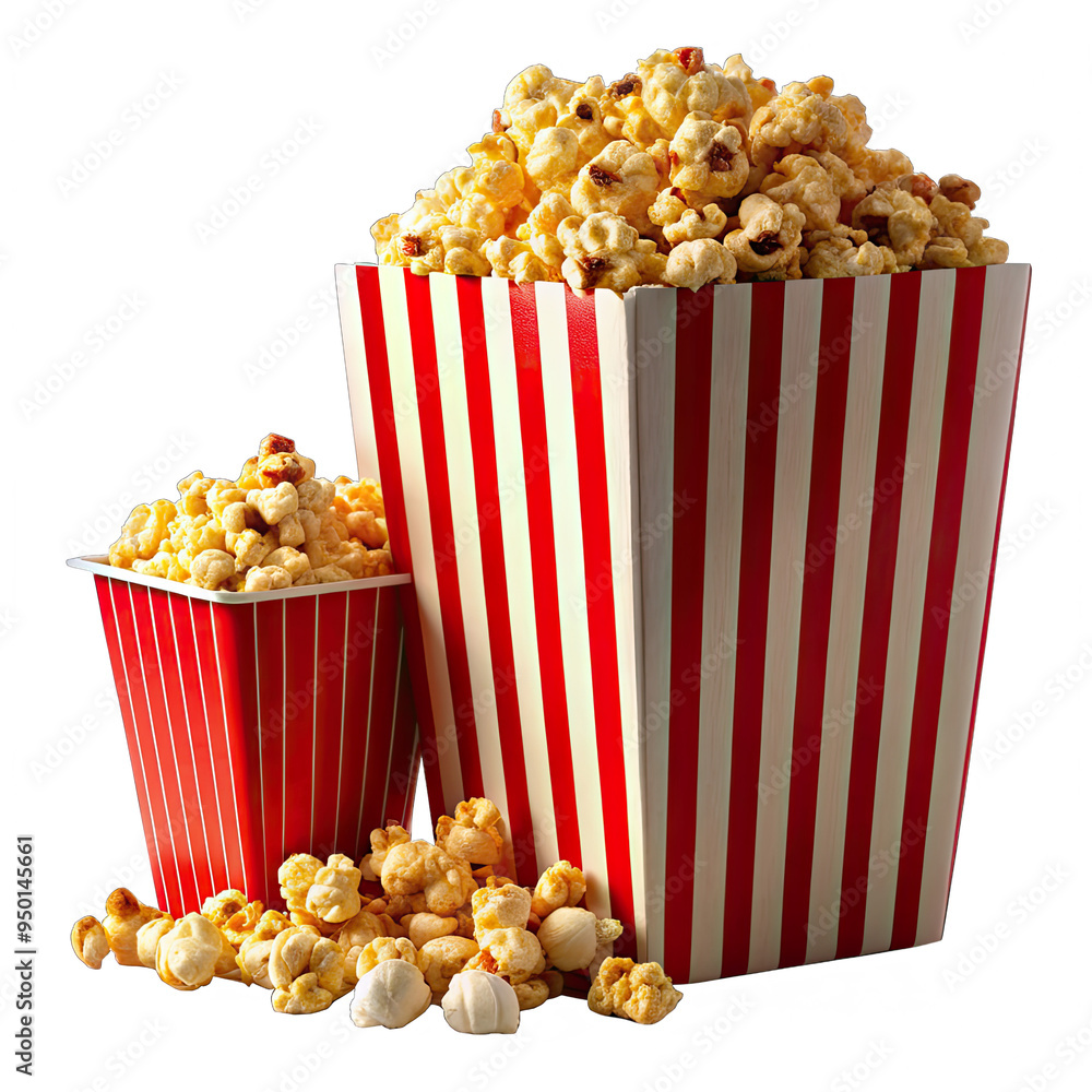 Two red and white striped popcorn boxes, one large and one small, are ...