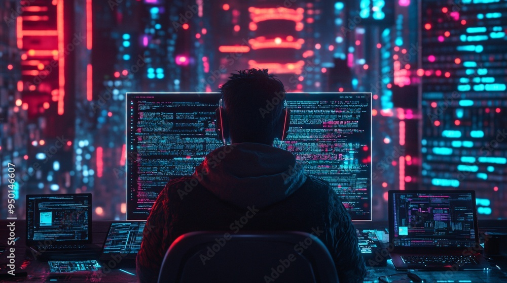 Cyberpunk coding lab, laptop with holographic code and advanced tech ...