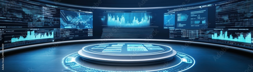 Futuristic digital control room featuring screens, graphs, and a ...