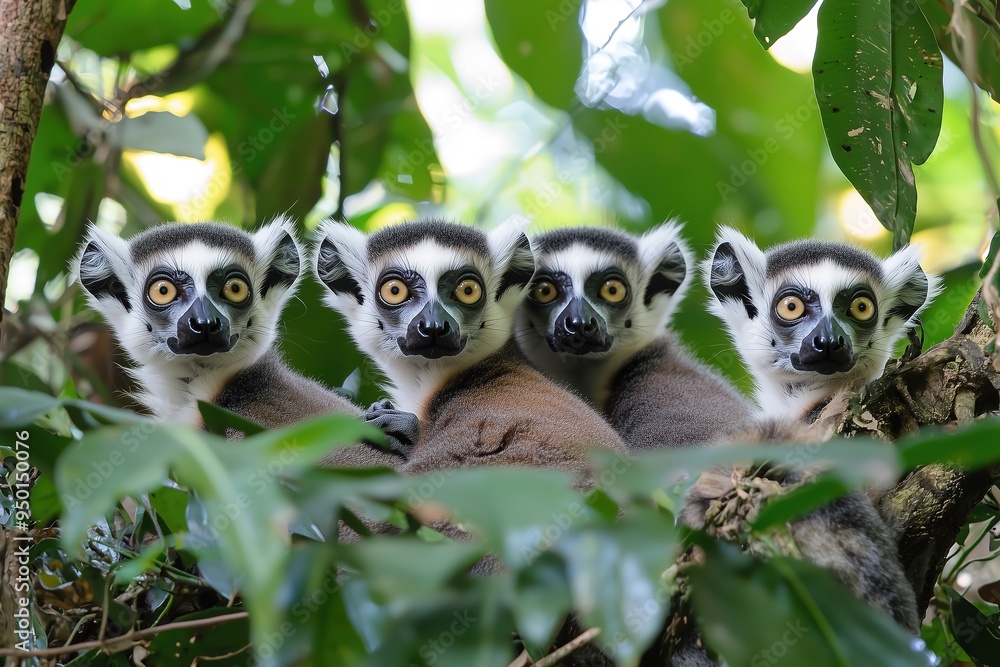 Four wide-eyed ring-tailed lemurs huddle together on a tree branch ...