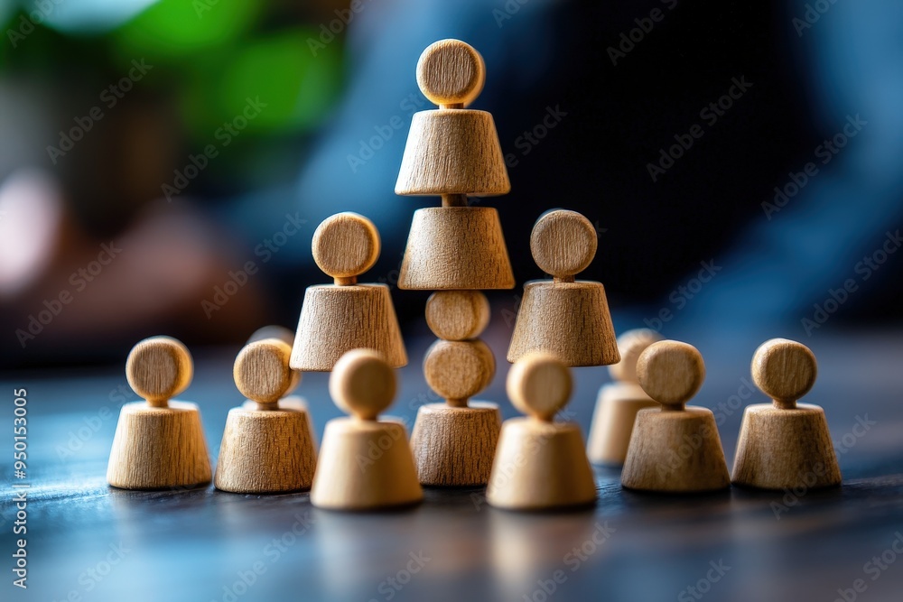 Wooden Hierarchy: A pyramid of wooden figures represents a company ...