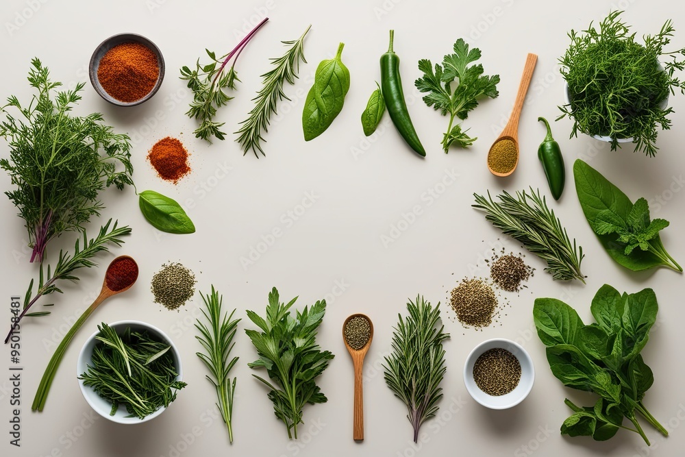 Aerial Perspective of Vibrantly Arranged Fresh Herbs and Spices on ...