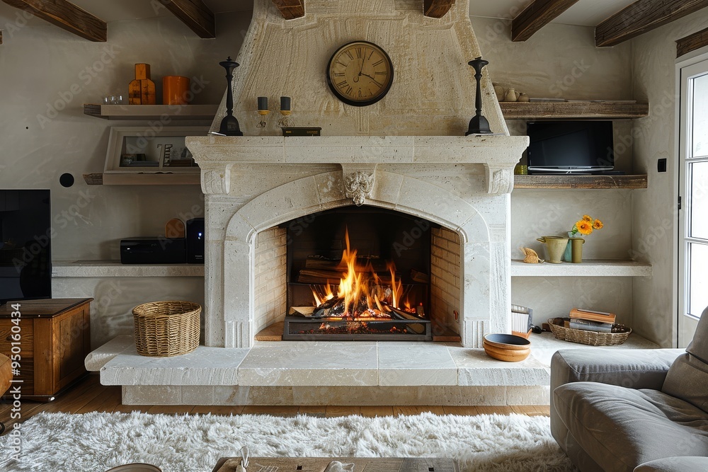 Elegant Lulance Stone Fireplace with Arched Top and Horizontal Stone ...