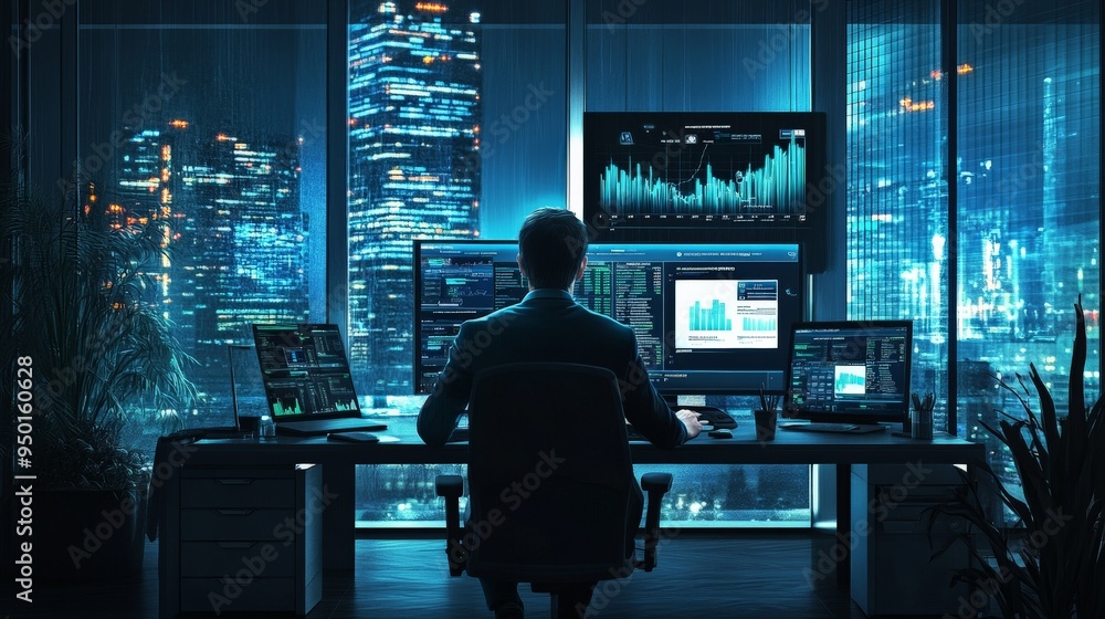 Night City Hacker: A lone hacker sits in their dimly lit office, facing ...