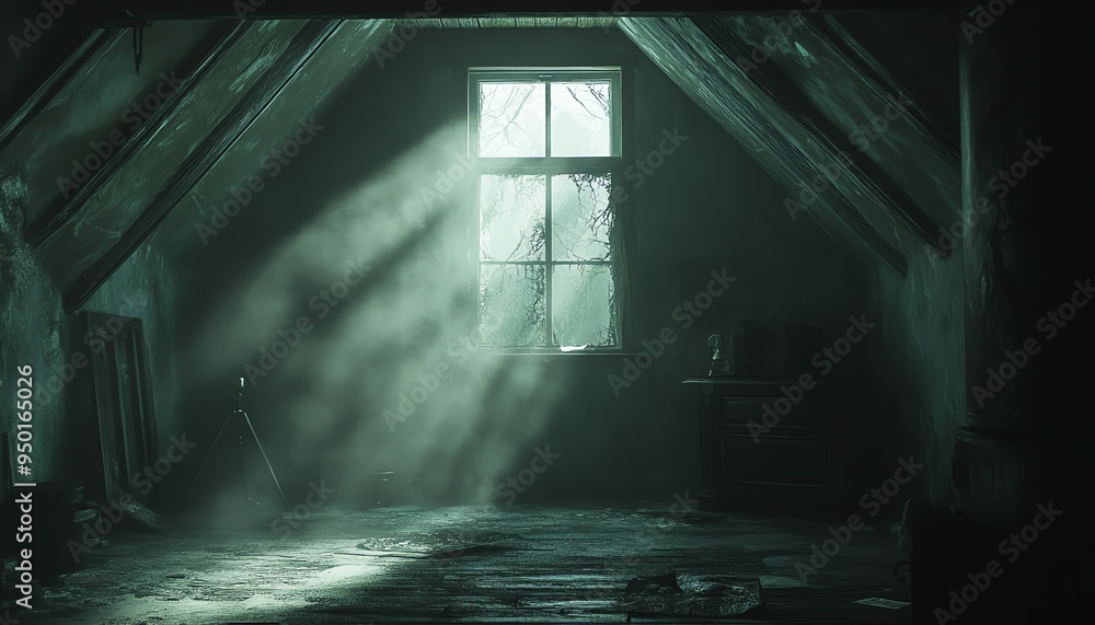 Horror scene in a dark, dusty attic, old, creepy relics, eerie light ...