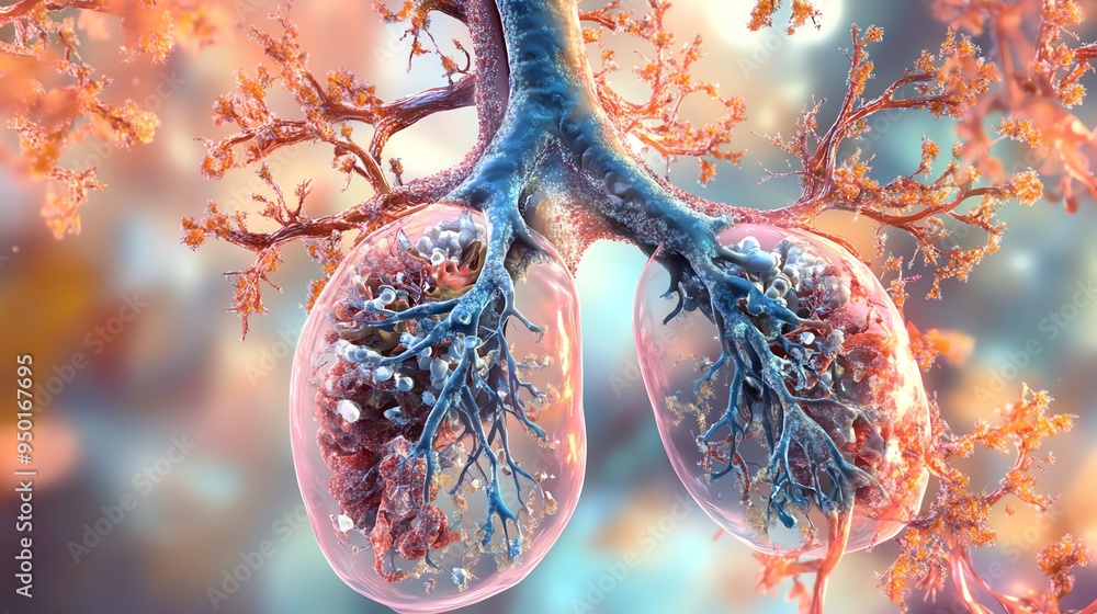 Illustrate a magnified lung affected by COPD, showing damaged alveoli ...