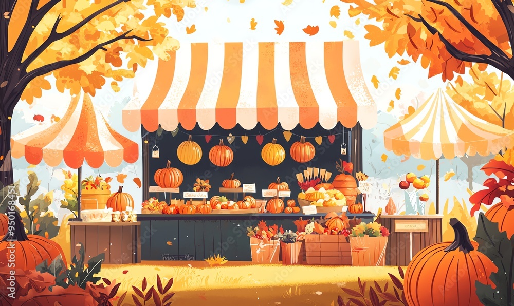 Charming autumn market stall with pumpkins, fall foliage, and festive ...