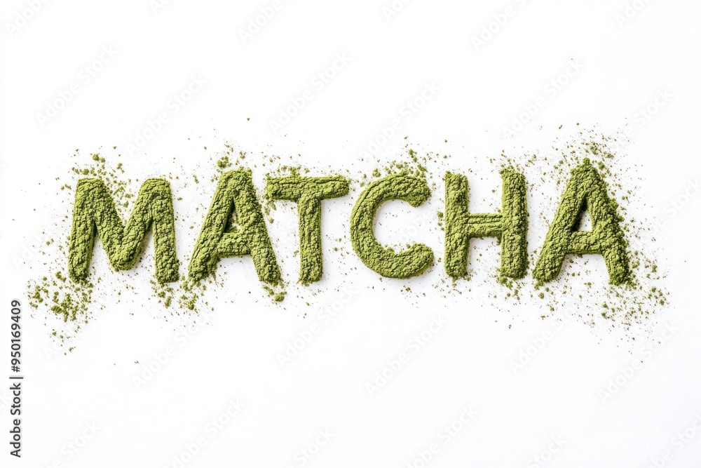 The word "MATCHA" spelled out with matcha powder on a white background ...
