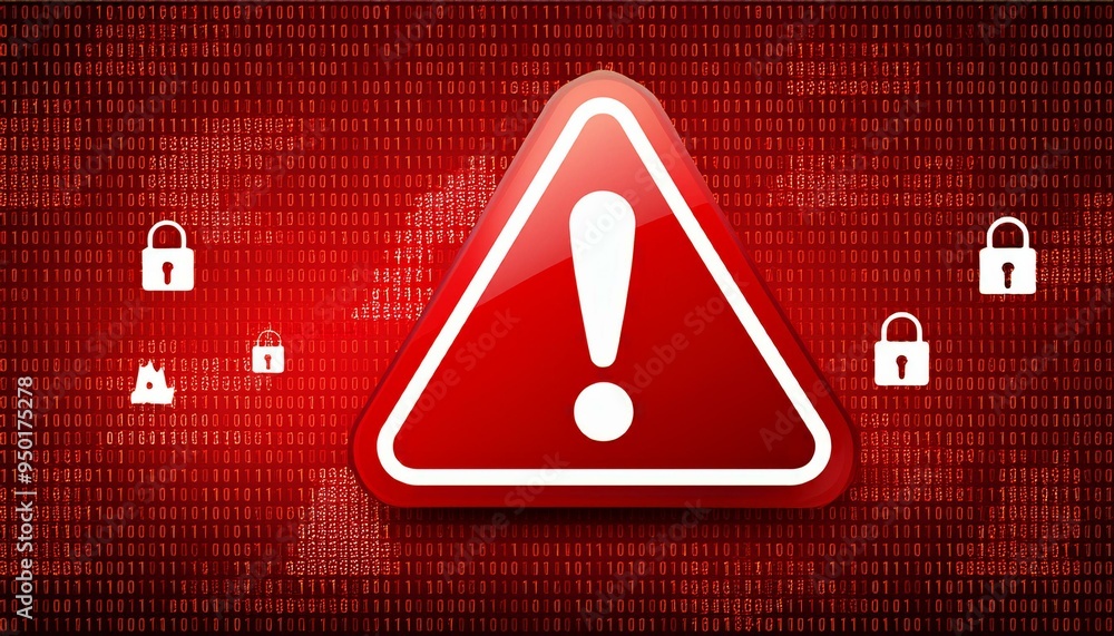 Red exclamation mark on a red binary code background with padlock icons, a illustration ...