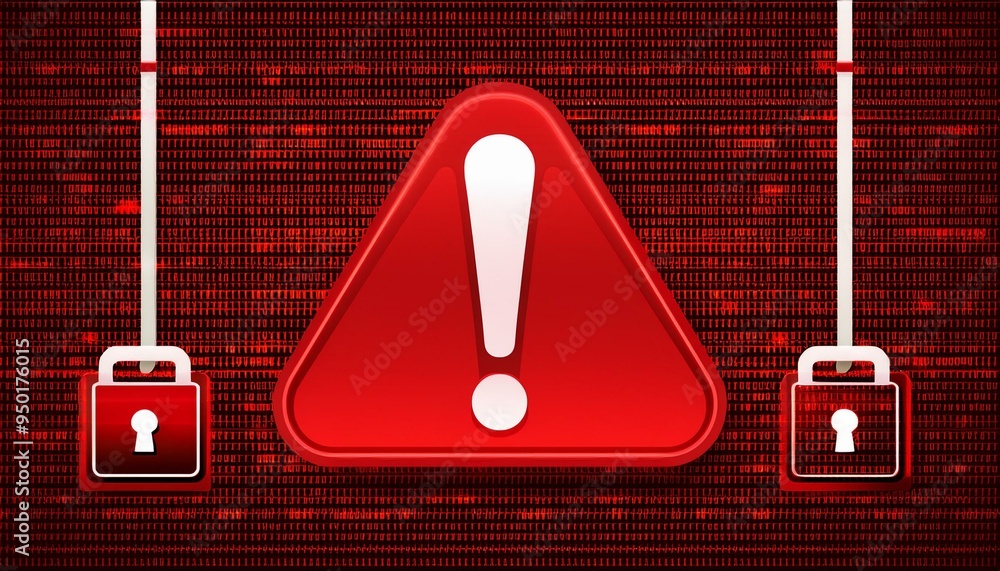 Red exclamation mark on a red binary code background with padlock icons, a illustration ...