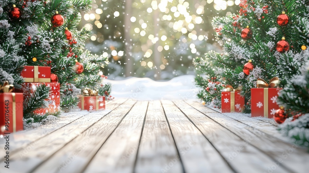 close up Christmas scene with Christmas attributes tree and gifts on ...