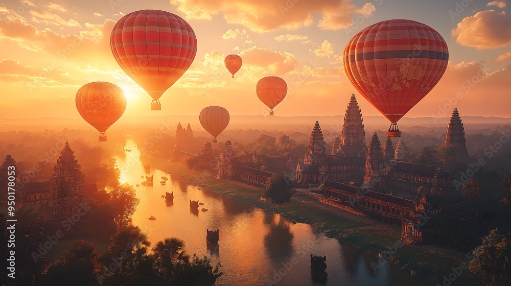 Many hot air balloons above Angkor Wat, Cambodia, in a realistic ...