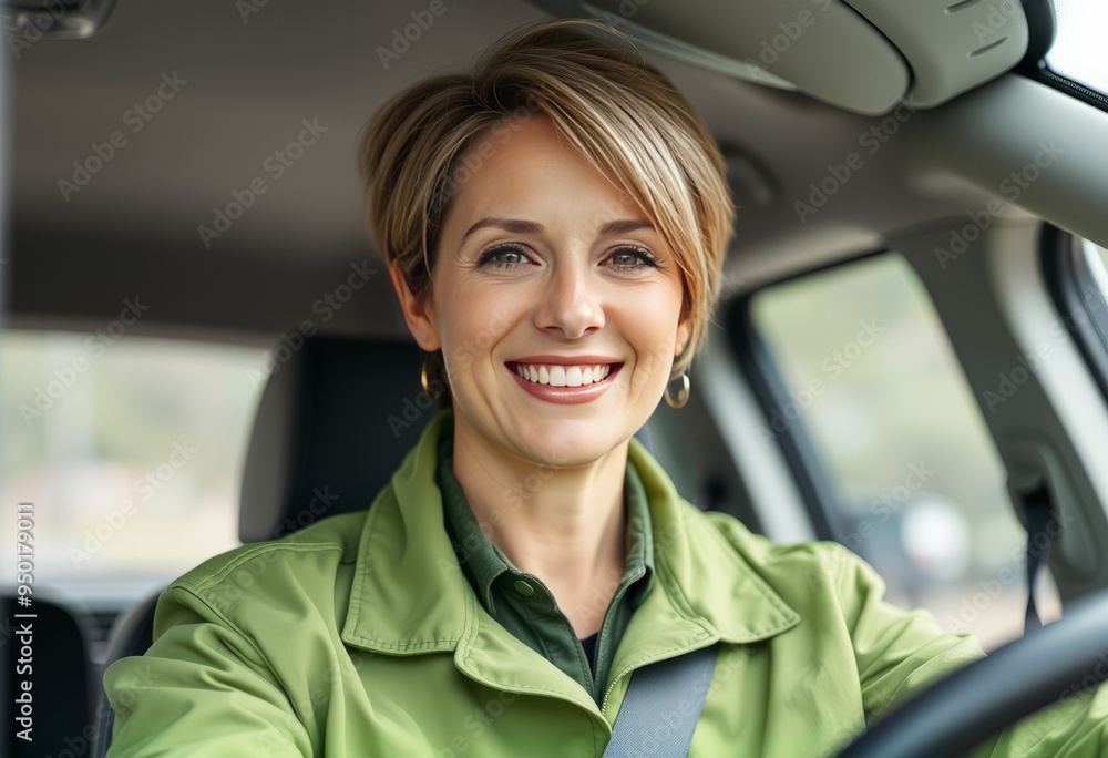 Female with Short Hair A middle aged female driver with short ha Stock ...