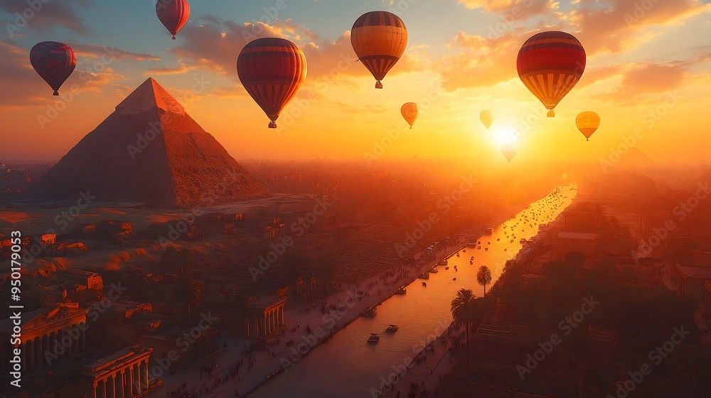 Many hot air balloons above the Great Pyramid of Giza in a realistic ...