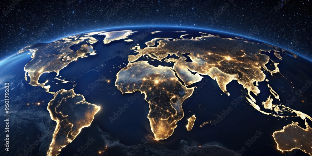 Earth's night view from space showing illuminated cities and continents ...