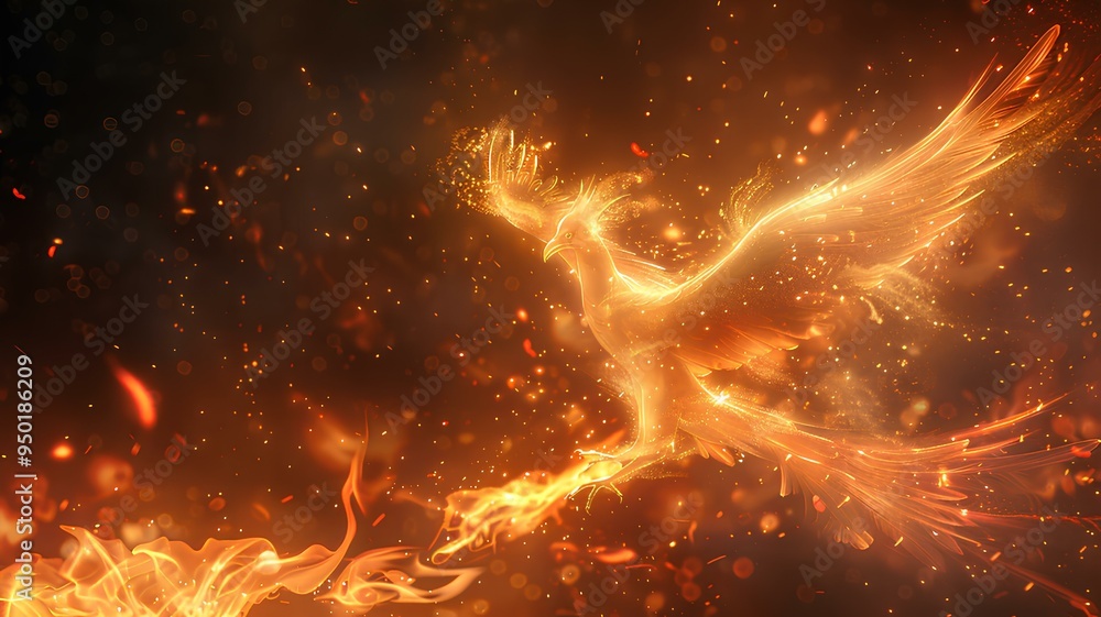 Phoenix. Fire Phoenix risen from the ashes. Firebird. Burning bird ...