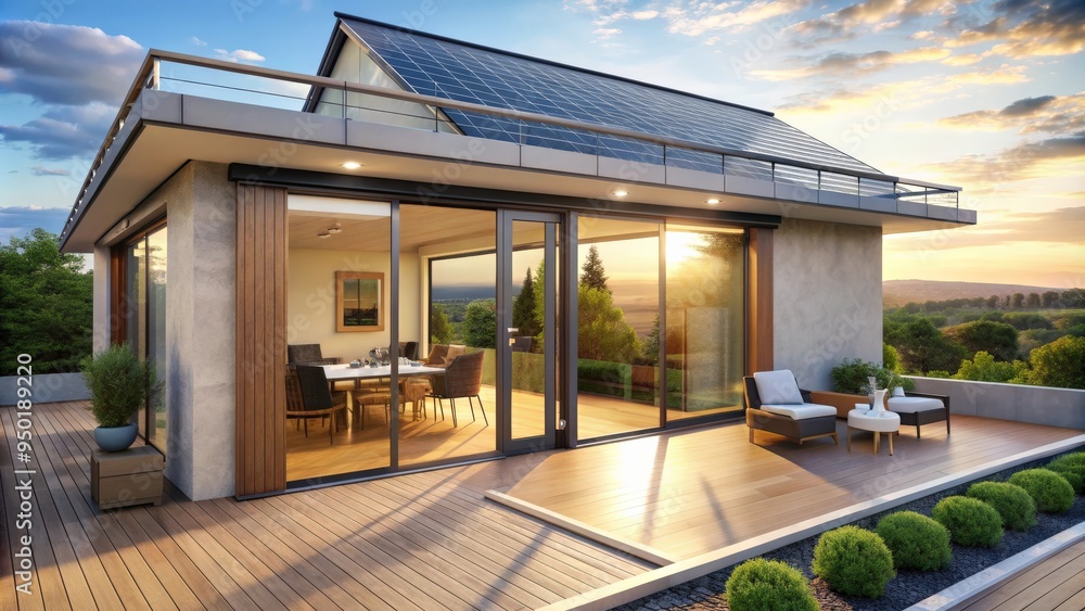 Rooftop patio with sliding doors and modern house featuring solar ...