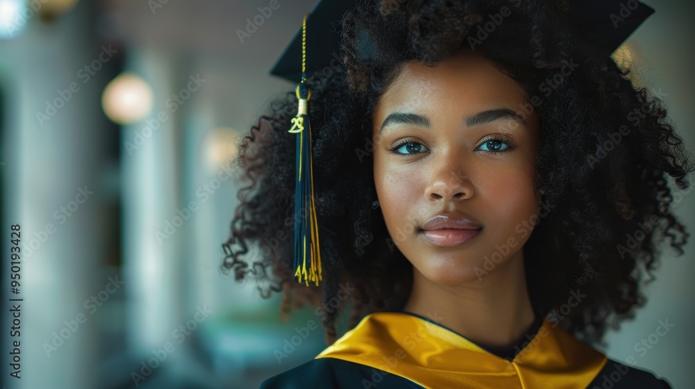 African American university graduate celebrates her achievement wearing ...