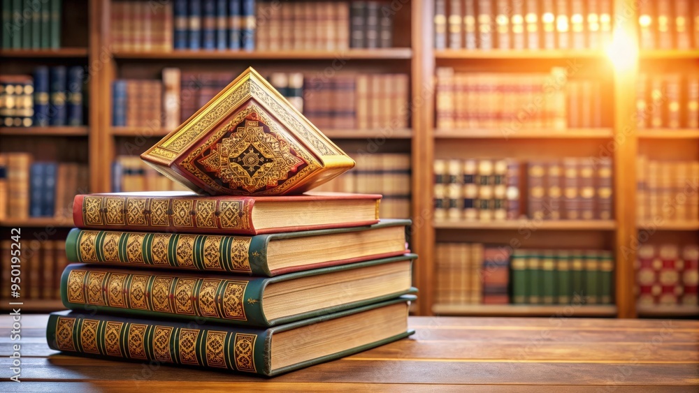 Stack of Quran books in a library symbolizing Islamic scholarship ...