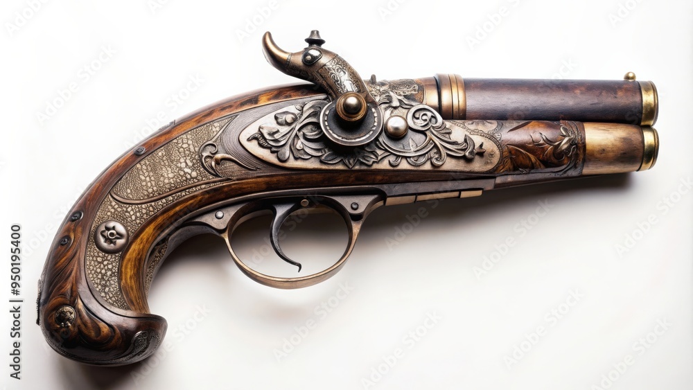 Antique pistol with intricate engravings and wooden handle, gun ...