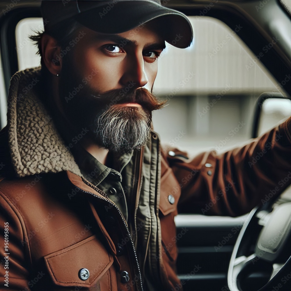 Male with Beard A male driver with a short beard and mustache we Stock ...