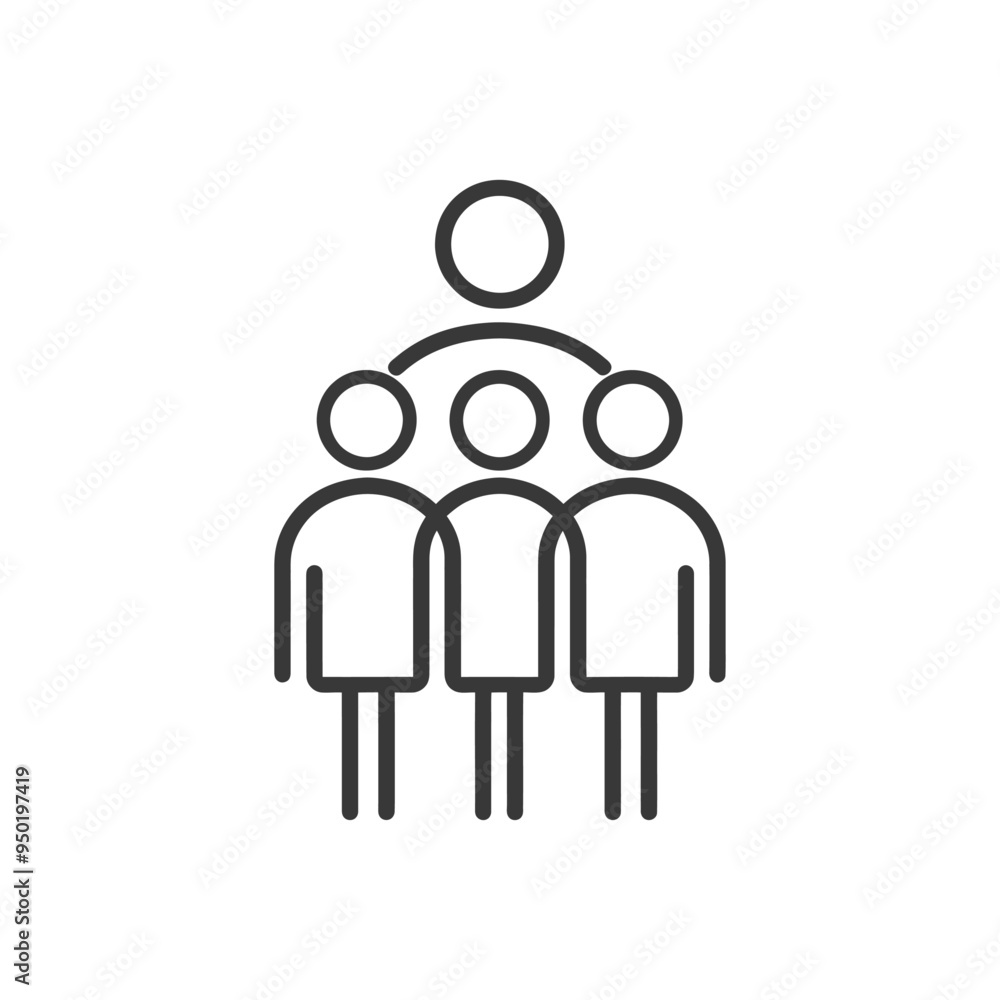 Line drawing of three people connected by an arc to a circle above them ...