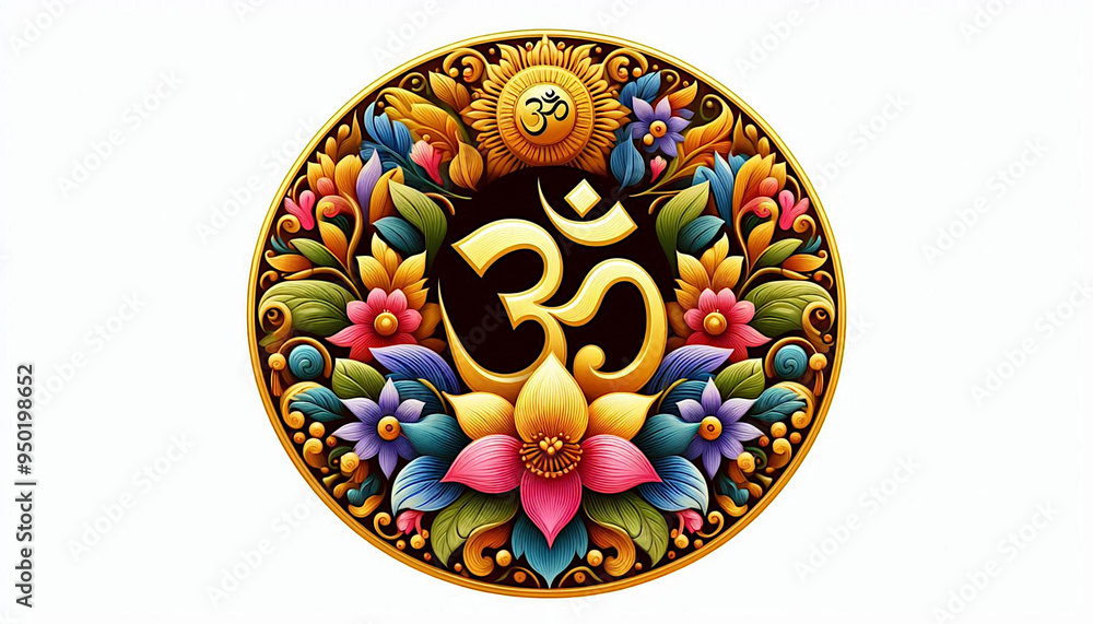 Indian Hinduism religious circle flower design symbol golden text Om ...