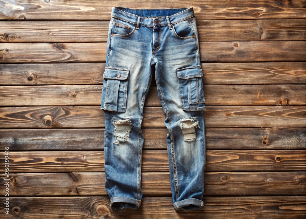 Aged cargo jeans sag on worn wooden planks, frayed hems whispering ...