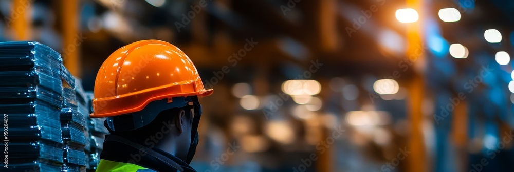 A worker wearing a hard hat stands in a warehouse, showcasing safety ...