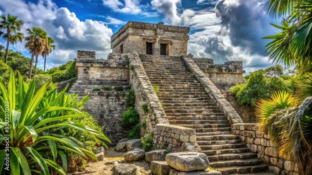 Ancient Mayan temple pyramid in Tulum, Mexico, surrounded by lush ...