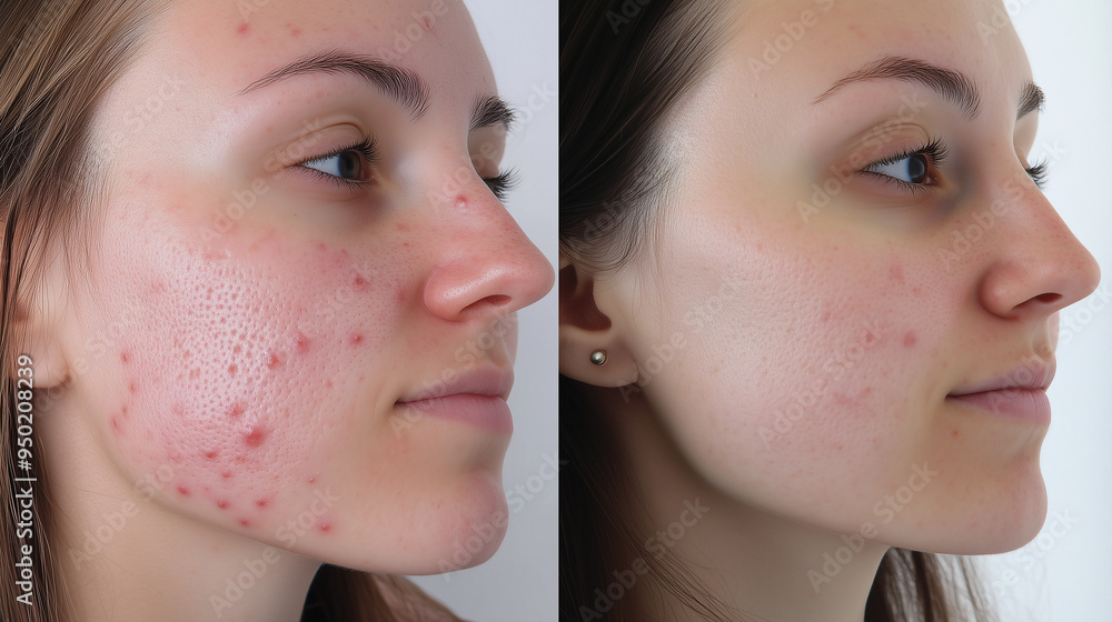 A side-by-side comparison of a young woman’s face showing her skin ...