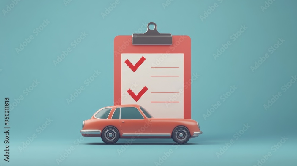 Car and checklist clipboard on blue background A toy car parked in ...