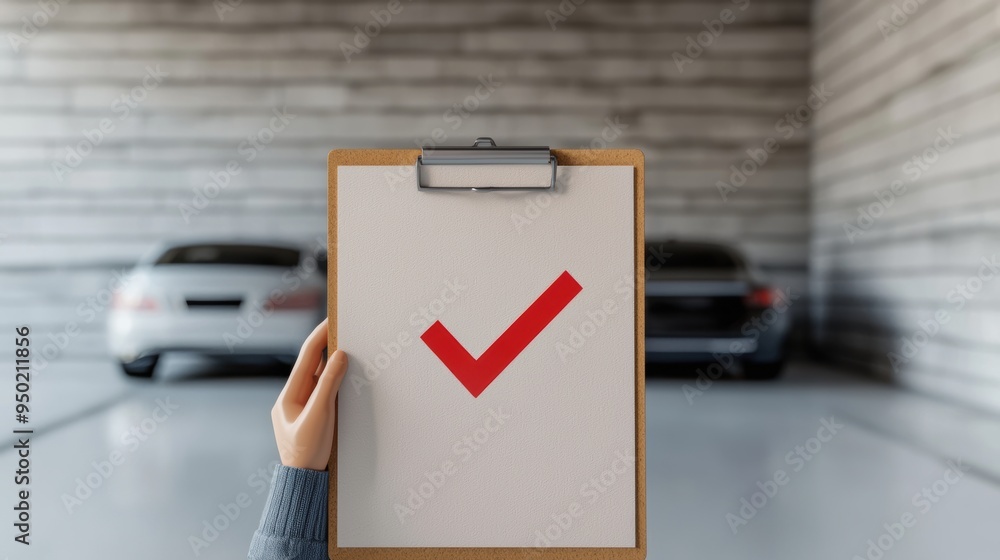 Hand holding checklist with red checkmark in garage A hand holding a ...