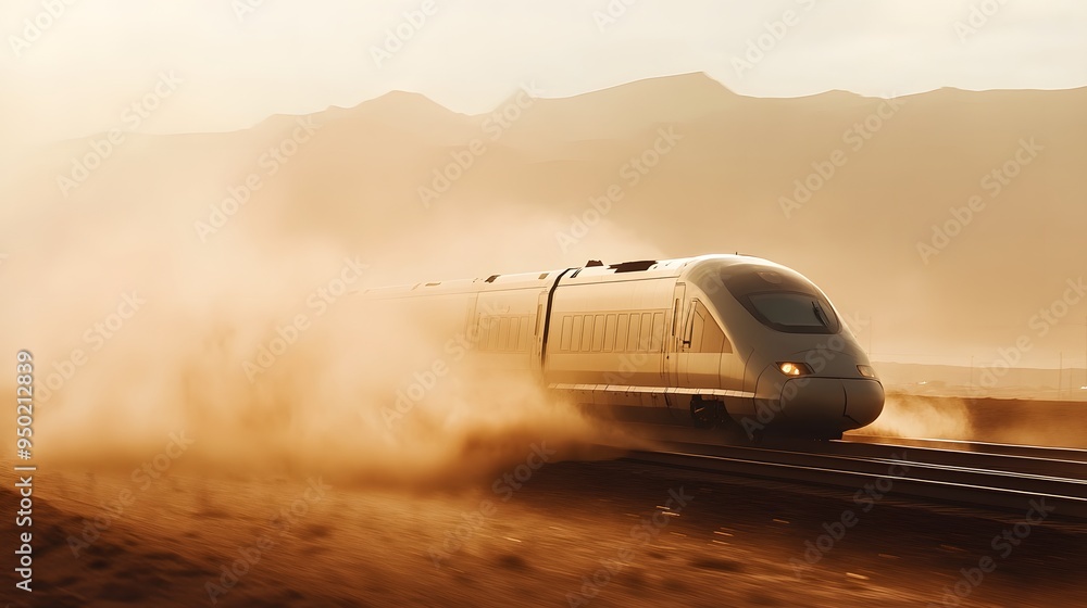 High-Speed Train Through Desert Dust: A sleek silver bullet train races ...