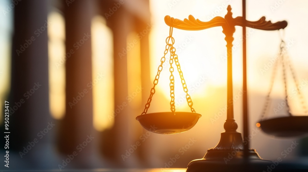 A close-up image of a scale of justice set against a backdrop of a ...