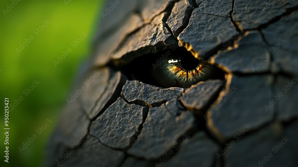 A close-up of a cracked stone face, revealing a glowing green eye. The ...