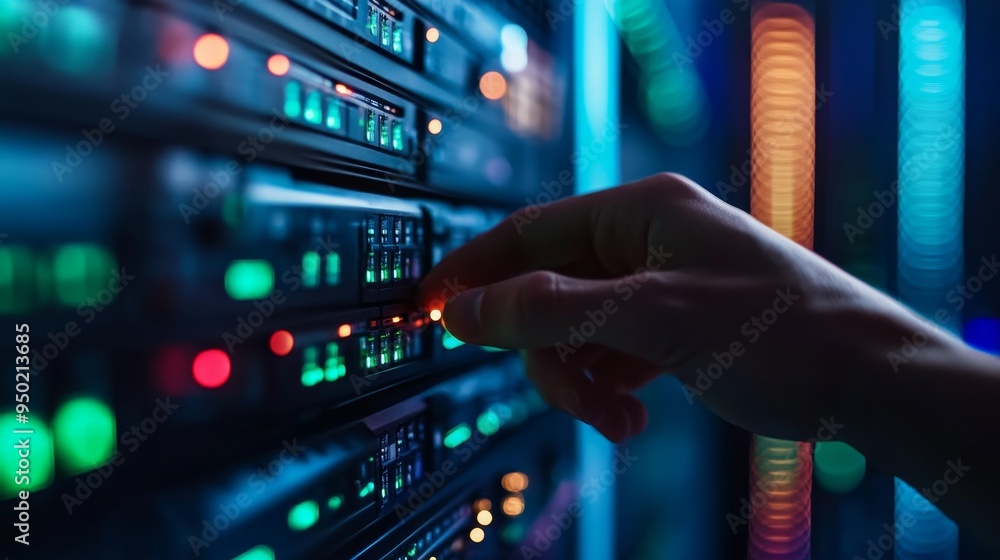 A close-up shot of a hand interacting with a server rack, symbolizing ...
