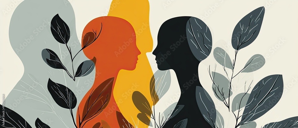 Minimalist artwork featuring human figures and nature in a monochrome ...