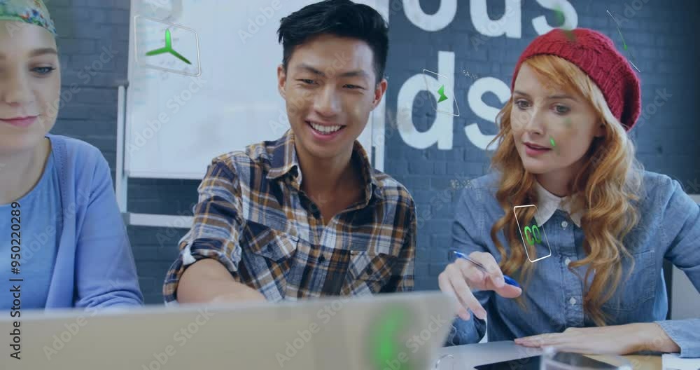 Working on laptop, diverse students creating 3D shapes animation in ...
