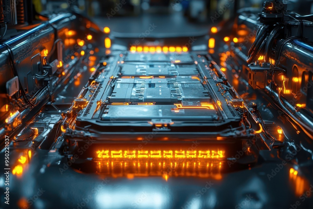 cutaway view of an electric cars lithium battery pack with glowing ...