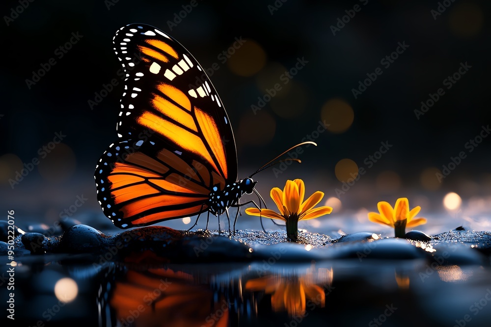 Butterfly at dawn, depicted in an artwork where the first light of day ...