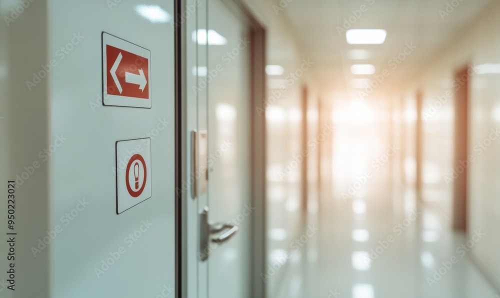 Empty Hallway with Numerous Fire Safety Signs in Public Building ...