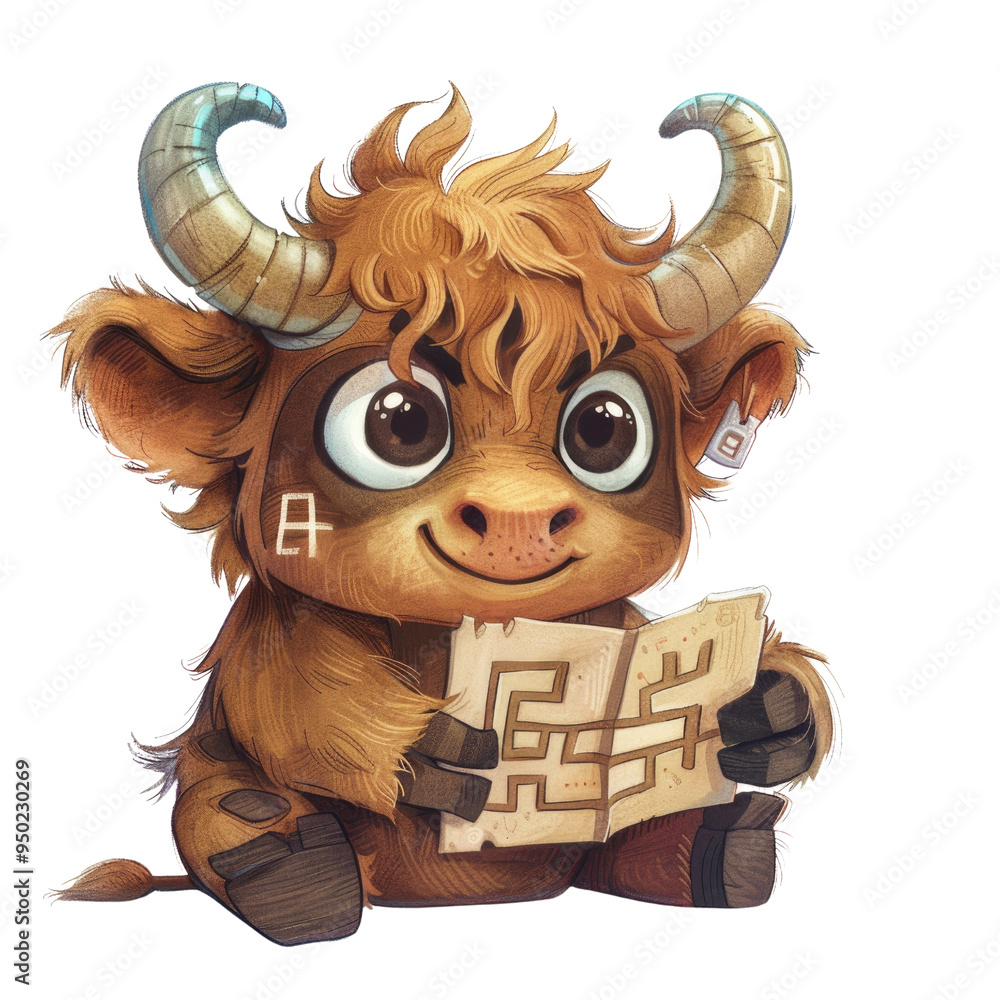 Adorable Cartoon Yak Reading a Map with Big Eyes and Curly Fur Stock ...