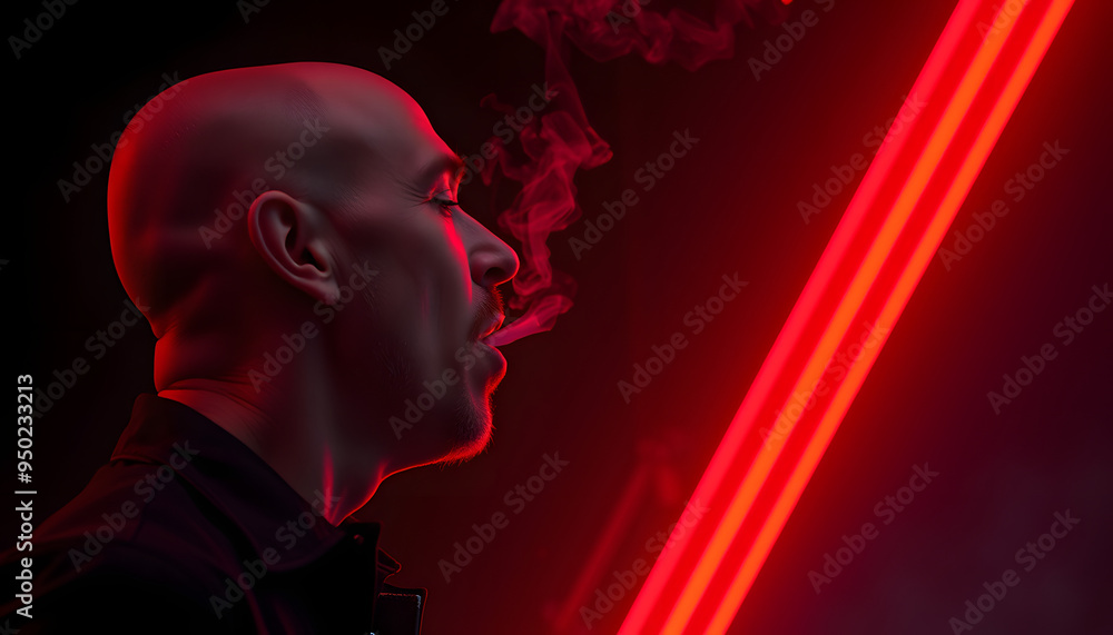 Side view of male rocker with bald head smoking and exhaling fume in ...